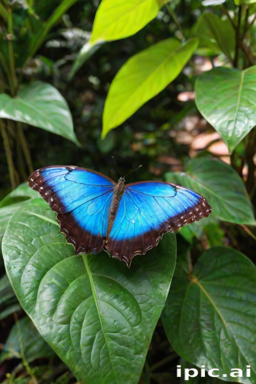 A Vibrant Blue Butterfly Resting Gracefully on Lush Green Leaves in Nature.