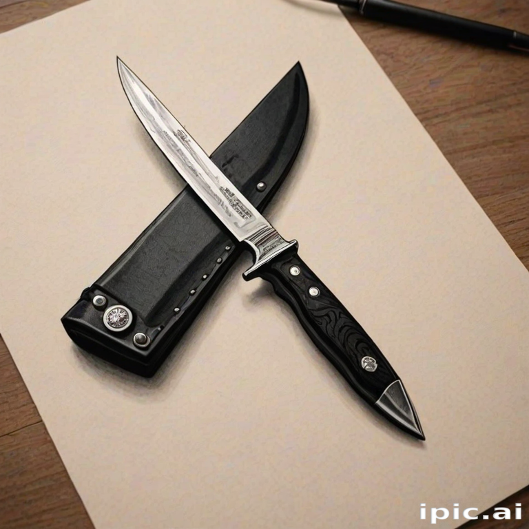 Intricate Artistic Rendering of a Knife and Sheath on Paper