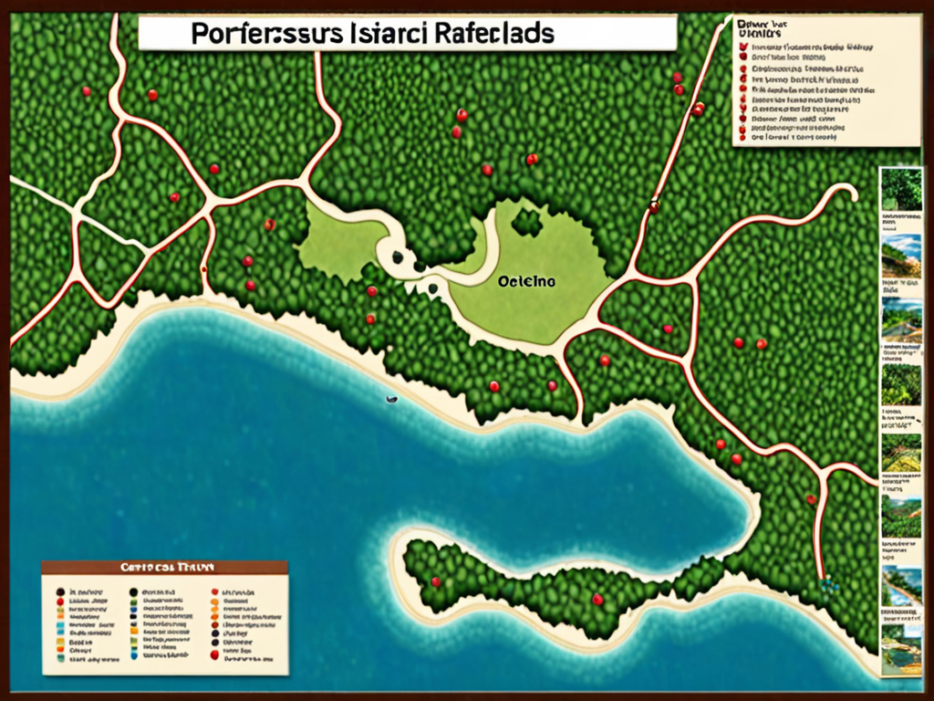 A map of a large tropical island with a rainforest. The map should ...