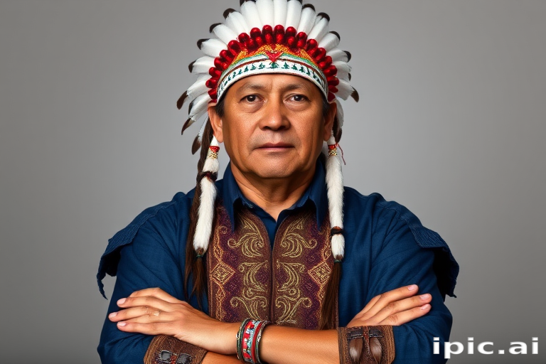 A Proud Indigenous Man Wearing a Traditional Headdress and Cultural Attire.