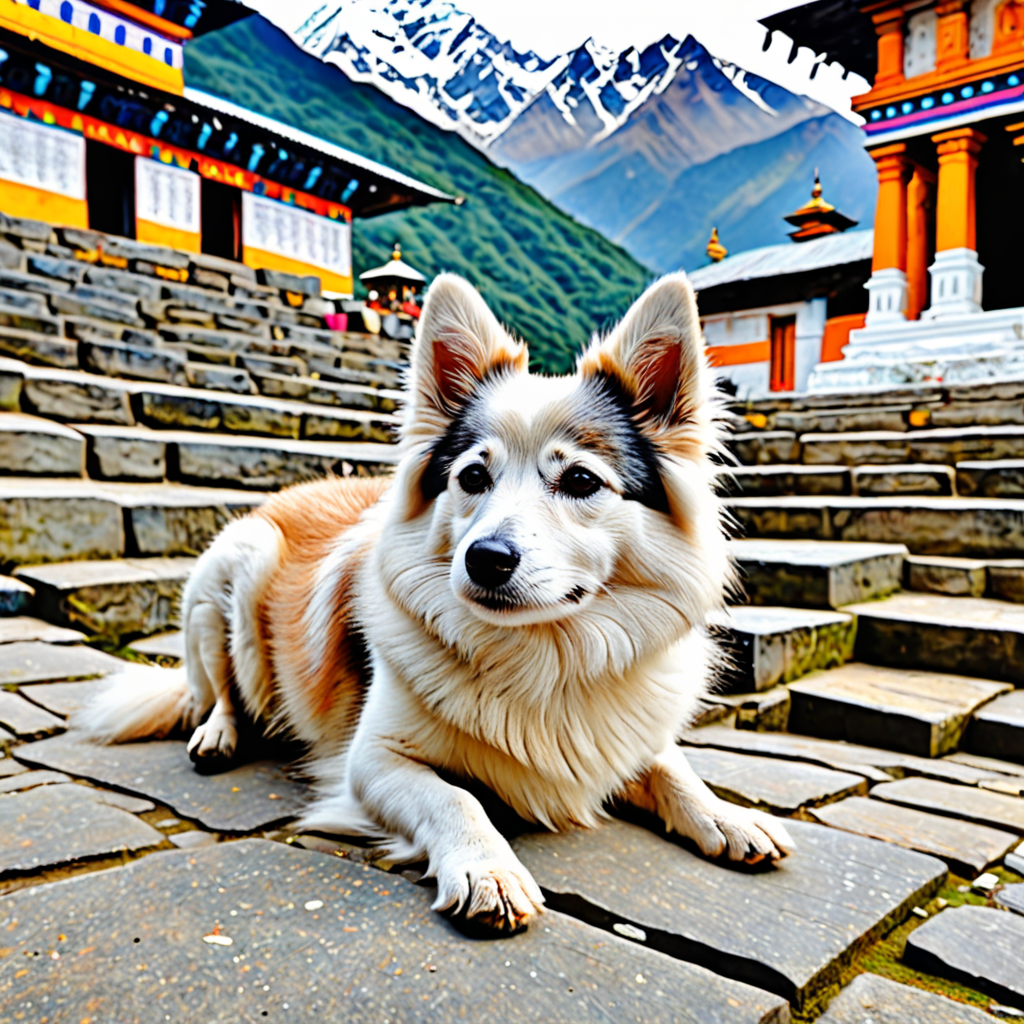 White Indian Spitz dog praying in kedarnath temple