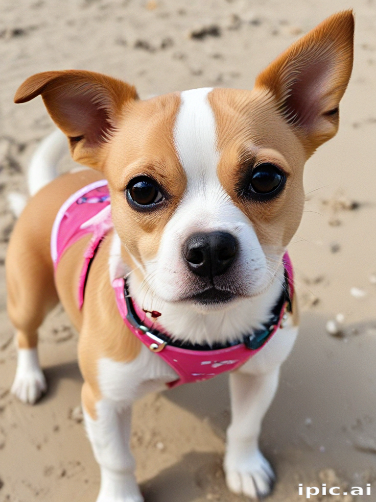 Adorable Small Dog in a Pink Harness Enjoying a Beach Day