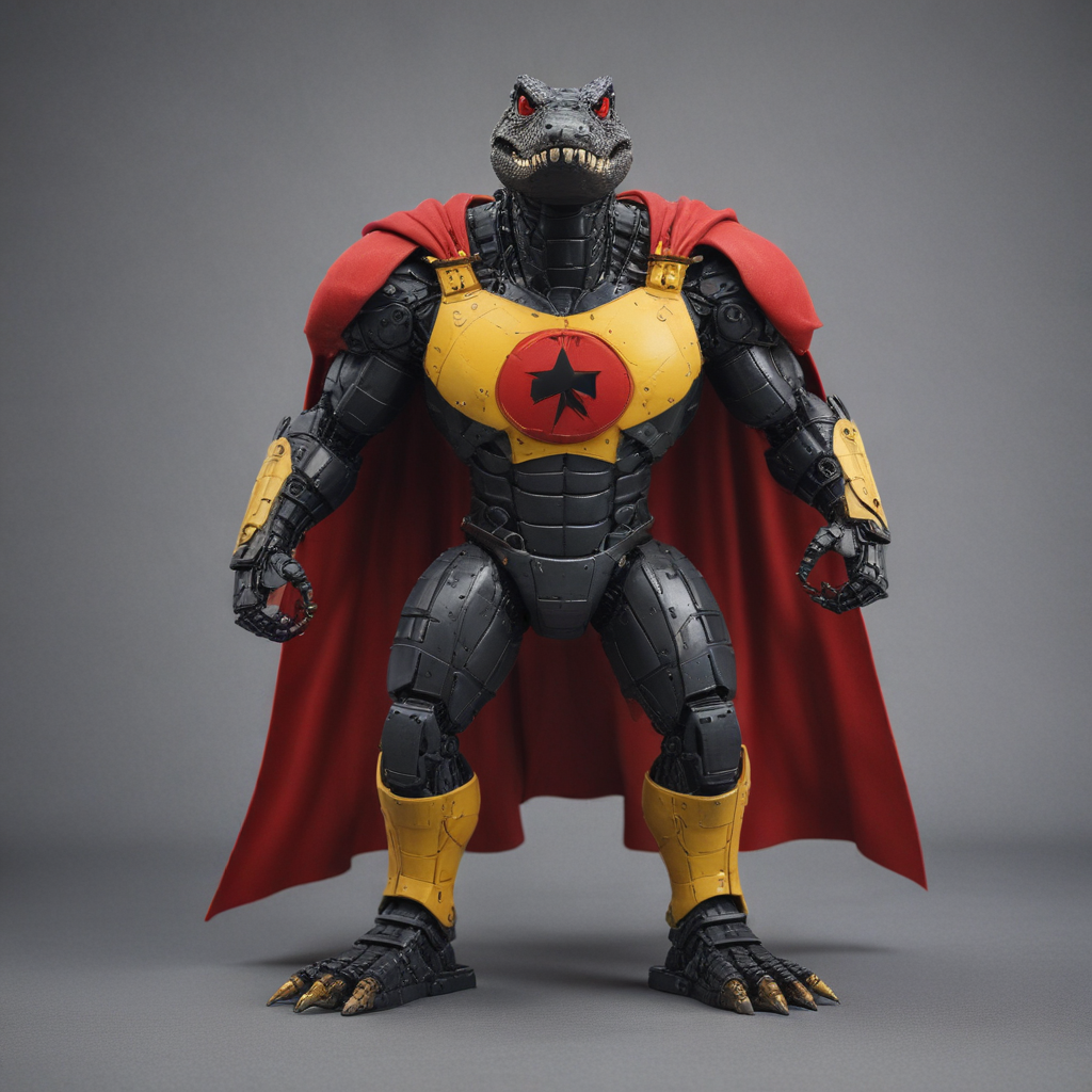 Crocodile superhero robot with red black yellow color theme