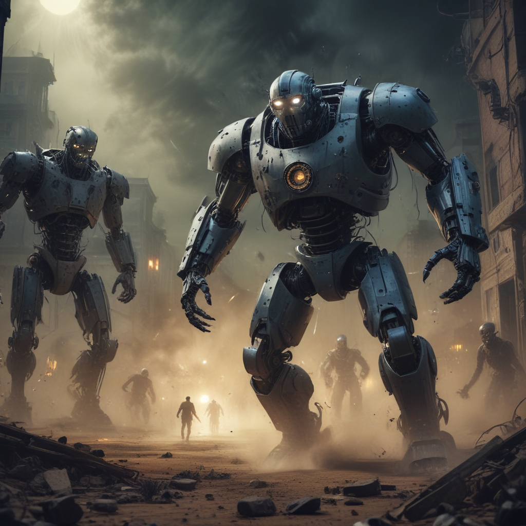 mob chasing scared robot in a dysopian dark comic book setting