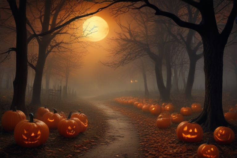Enchanting Halloween Night: A Spooky Path Lined with Glowing Pumpkins