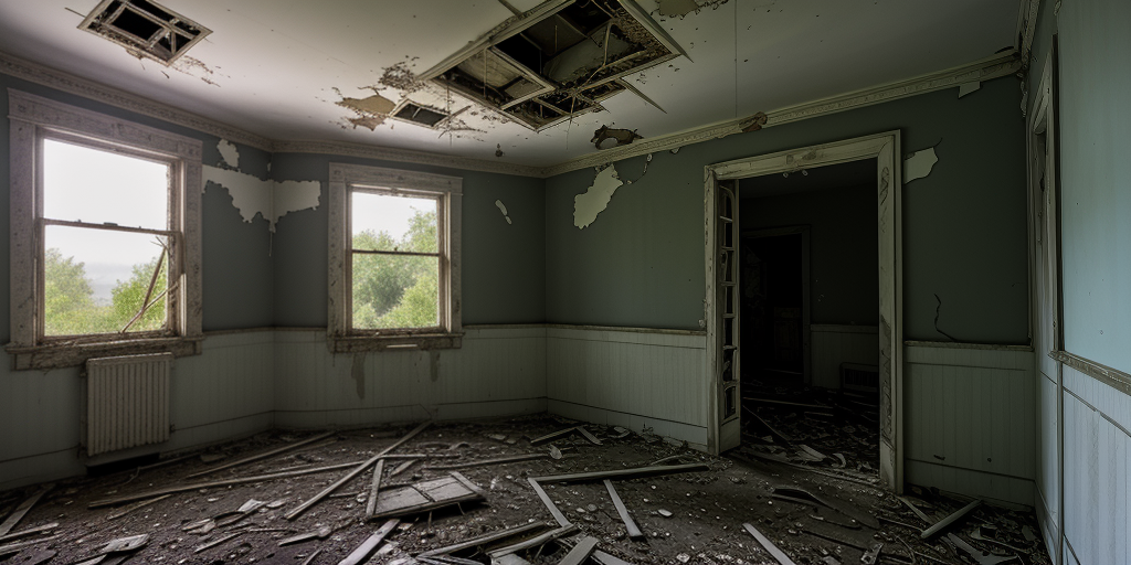 Abandoned Room with Crumbling Walls and Dusty Floor in Decay