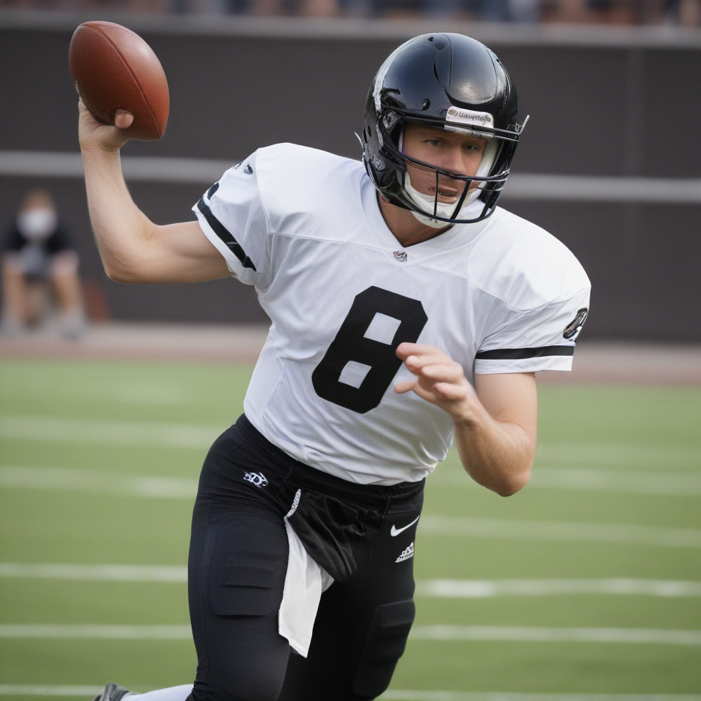 White man playing american football as a quarterback in a black uniform