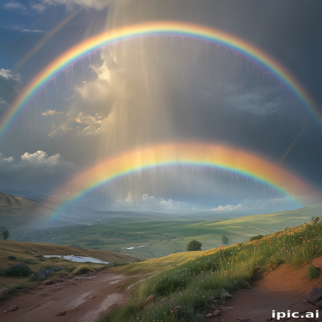 Majestic Double Rainbow Arching Over Lush Green Hills and Waterfall