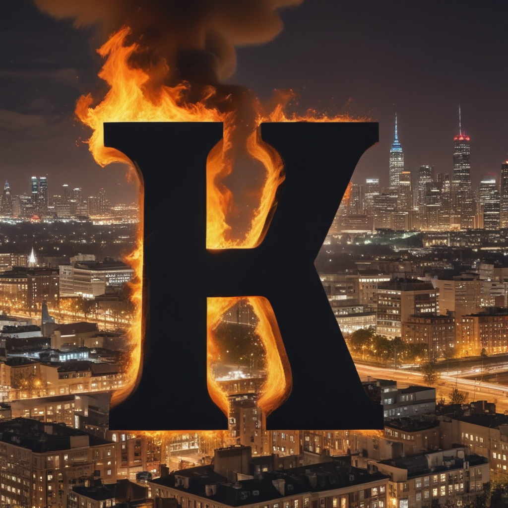 The letter K on fire with the city on fire in the background