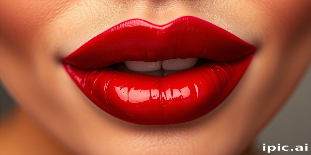 Vibrant Close-Up of Glossy Red Lips with Perfectly Defined Contours