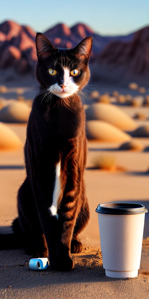 Imagine a cat with one red eye and one black eye sitting in the desert ...