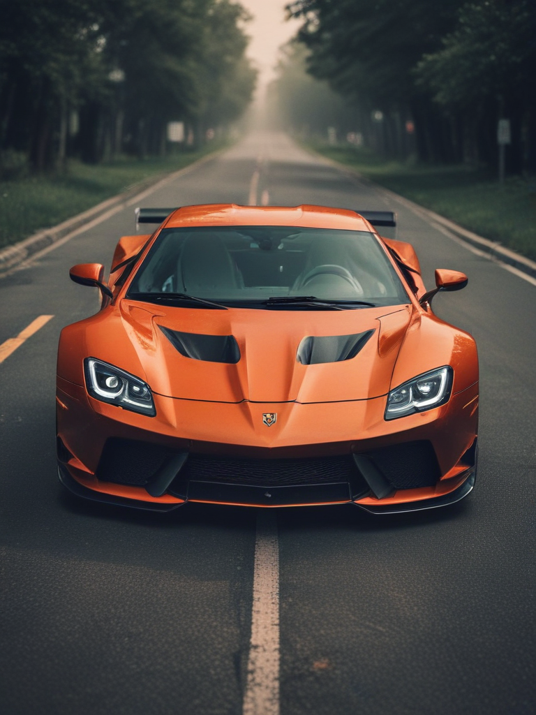 Powerful Orange Sports Car on a Misty Road Surrounded by Trees