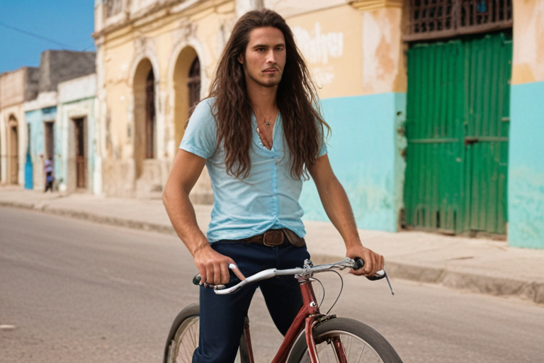 human long hair on a bicycle cuba background