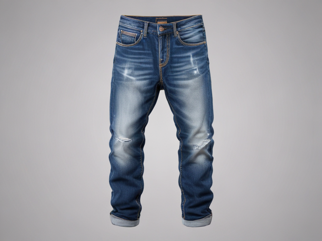Stylish Blue Denim Jeans with Distressed Details and Classic Fit Design