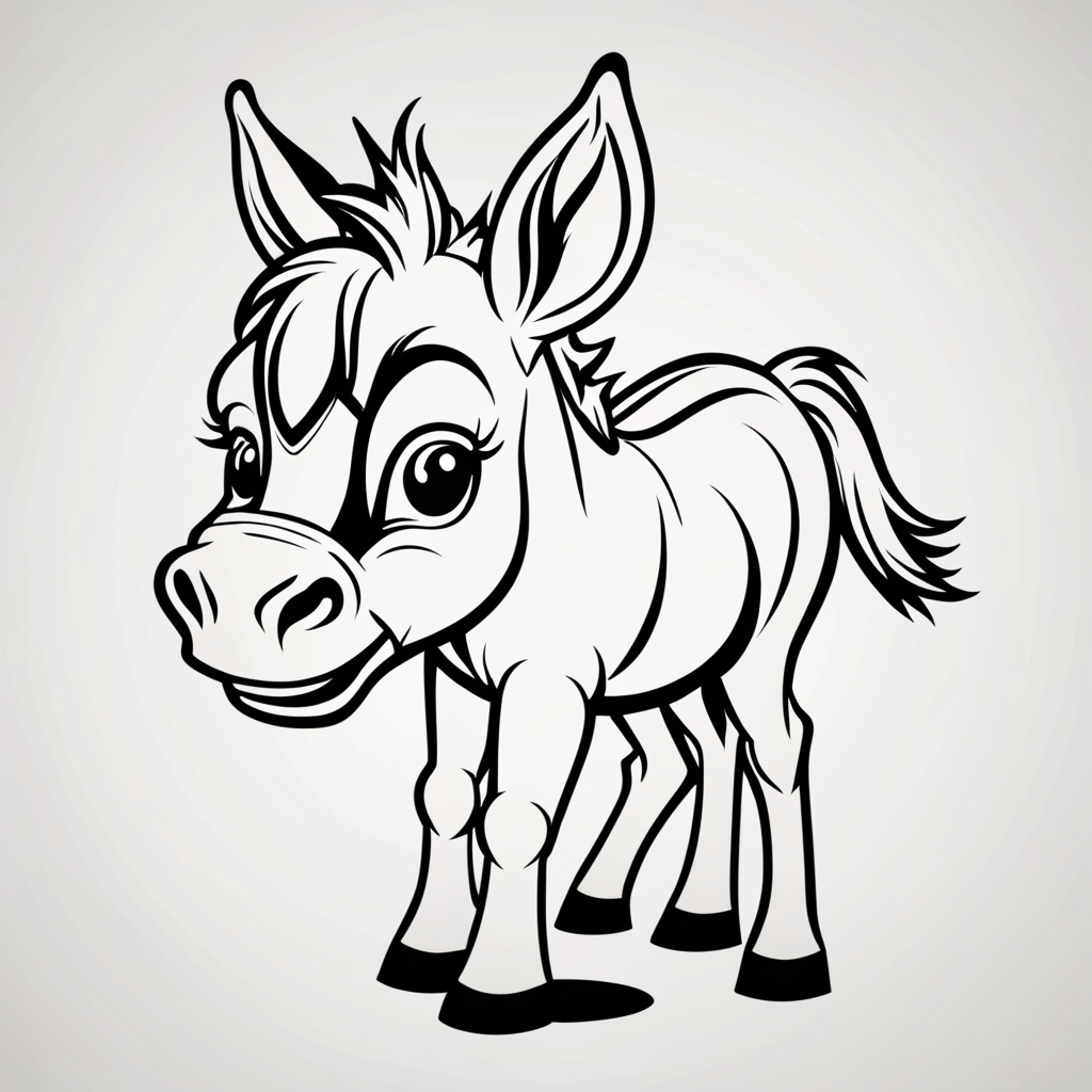 simple line drawing of cartoon Pixar style happy donkey colt low detail ...