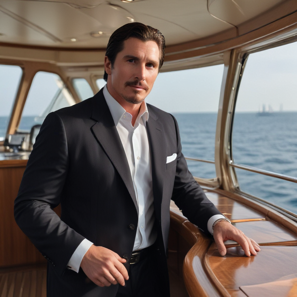 Christian bale as bruce wayne,inside a luxury yacht,