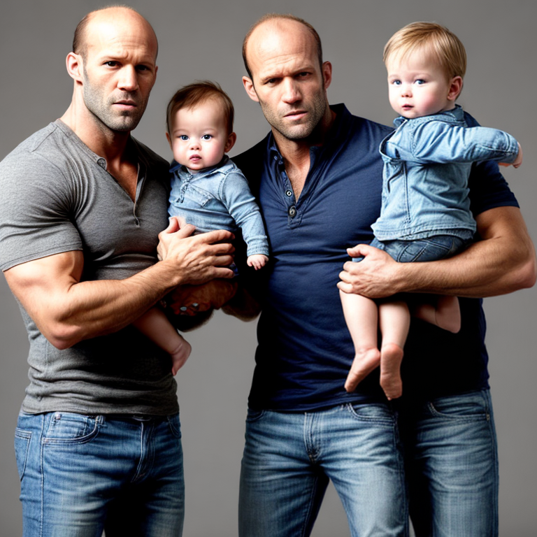 Baby with Jason Statham face and two men all with faces of Jason Statham