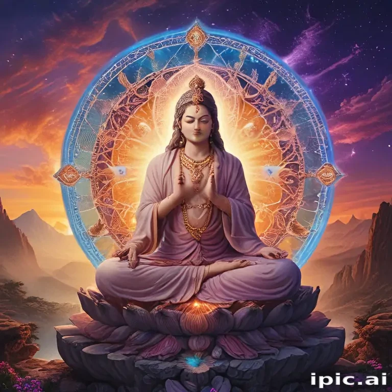 Serene Goddess Meditating Amidst Celestial Mountains and Radiant Cosmic ...