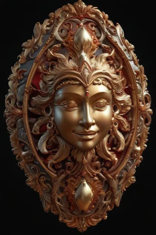 Intricately Designed Golden Face Mask Surrounded by Ornate Floral Patterns