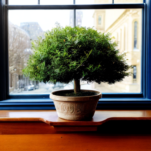 A potted yew on a church pew