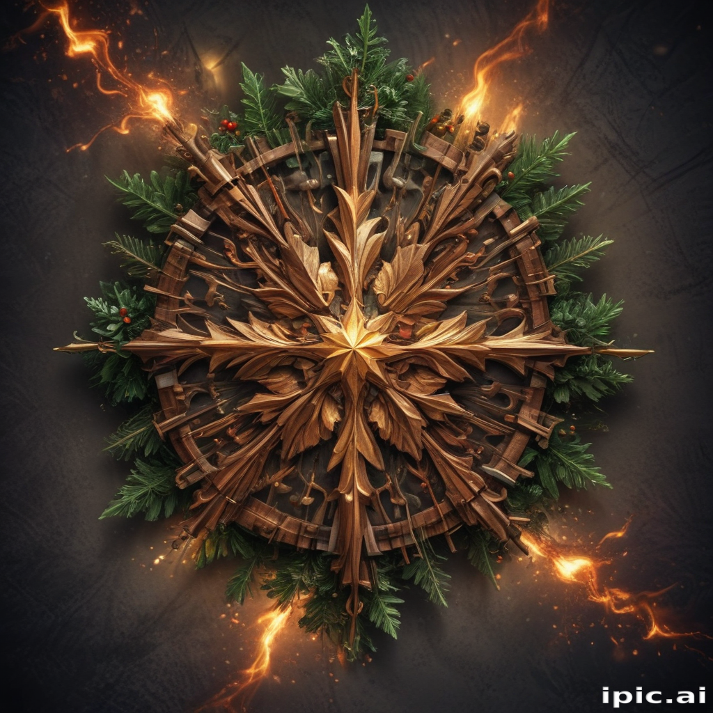 Ornate Compass Design Surrounded by Greenery and Fiery Accents