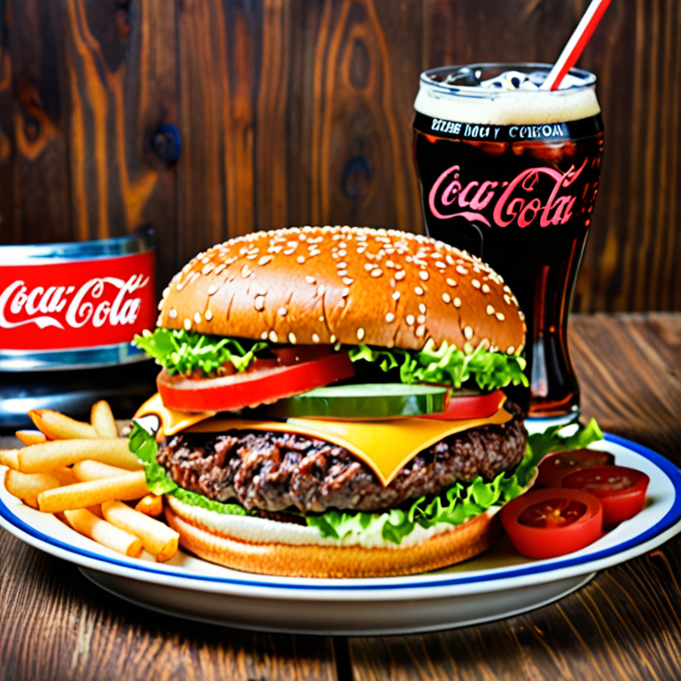 Big burger with coca-cola in table