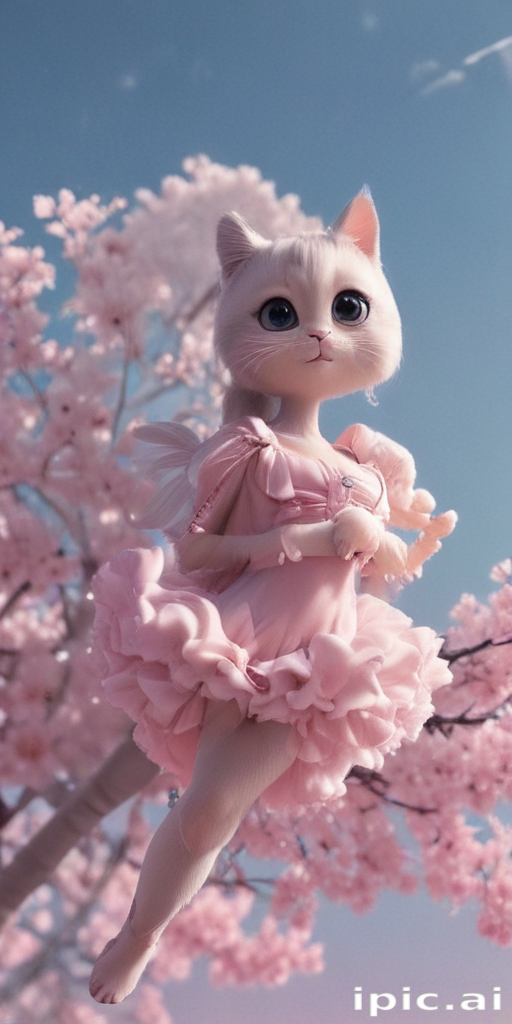Whimsical Fairy Cat Dancing Gracefully Among Blossoming Cherry Trees