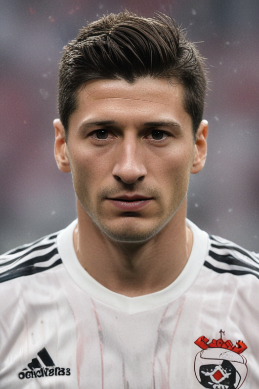 Surprised looking Robert Lewandowski with white liquid on his chest