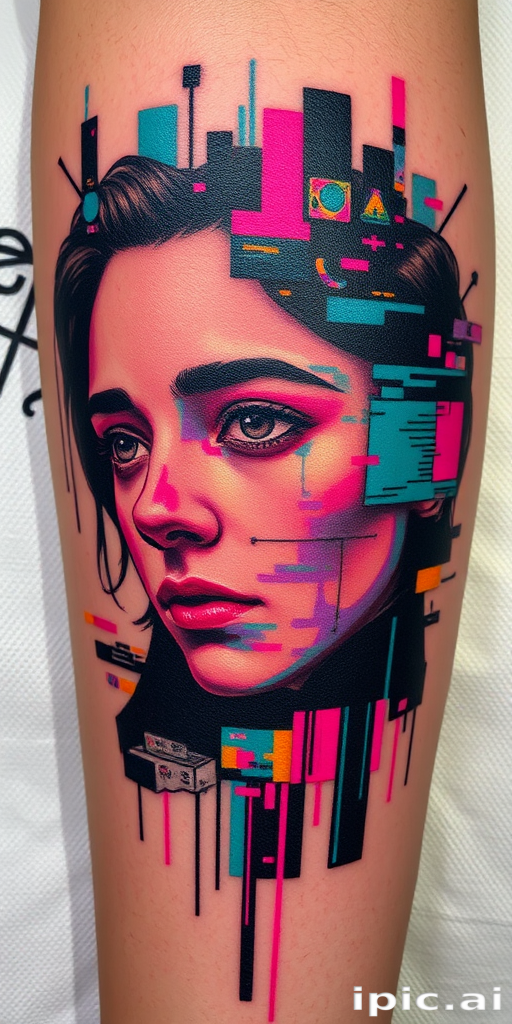 Vibrant Abstract Tattoo of a Woman's Face with Geometric Elements
