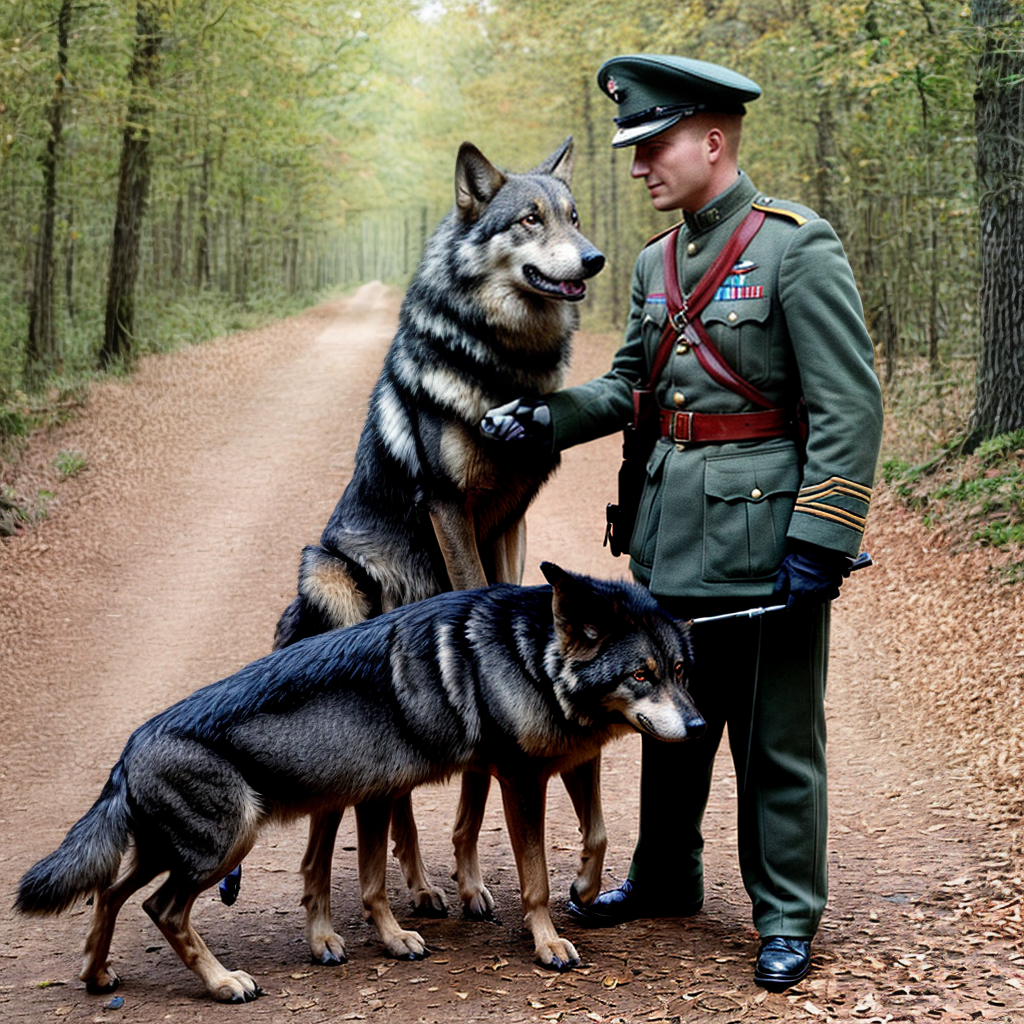 German soldier in world war II meeting a wolf in forrest