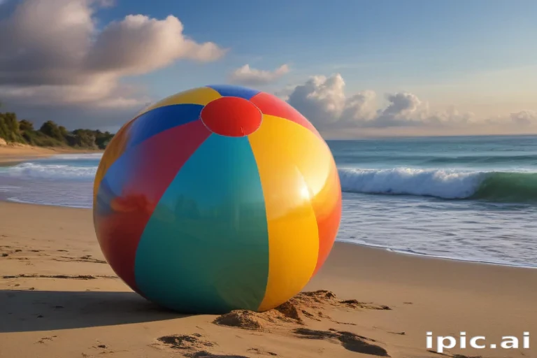 Colorful Beach Ball Resting on Sandy Shore with Gentle Ocean Waves