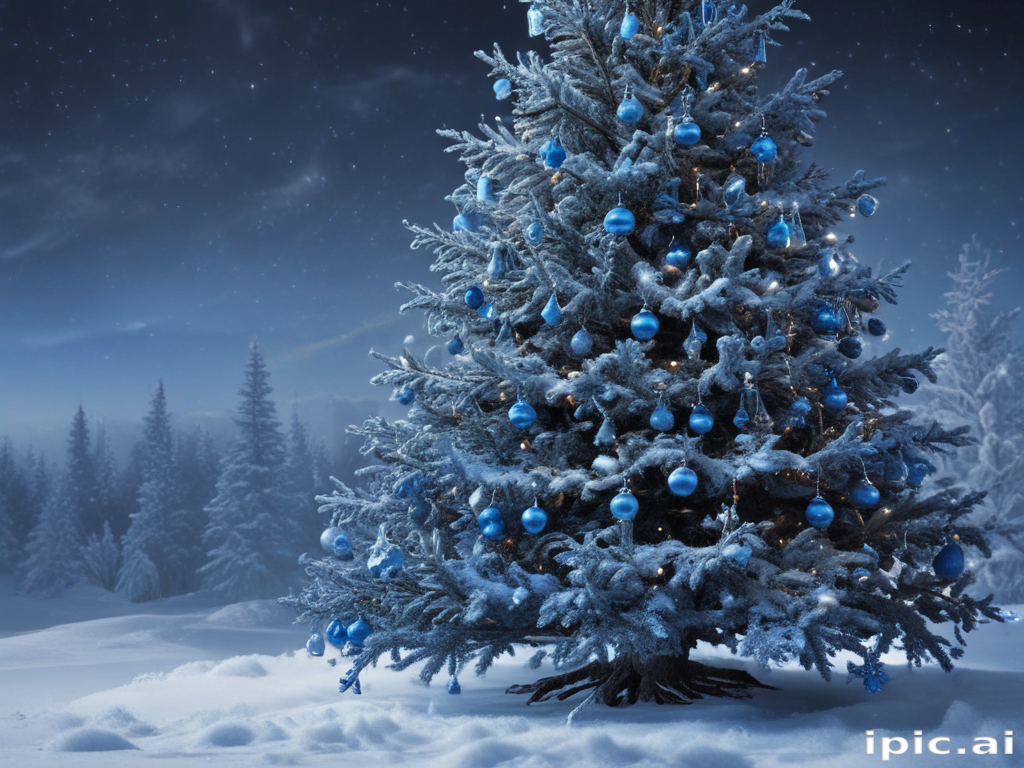 Beautiful Snow-Covered Christmas Tree Adorned with Blue Ornaments in ...