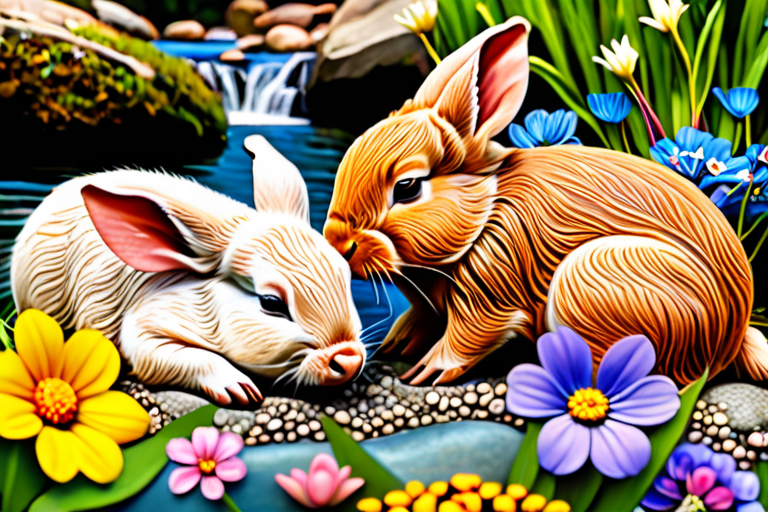 a pair of cute realistic brown piglet and brown lop rabbit sleeping ...