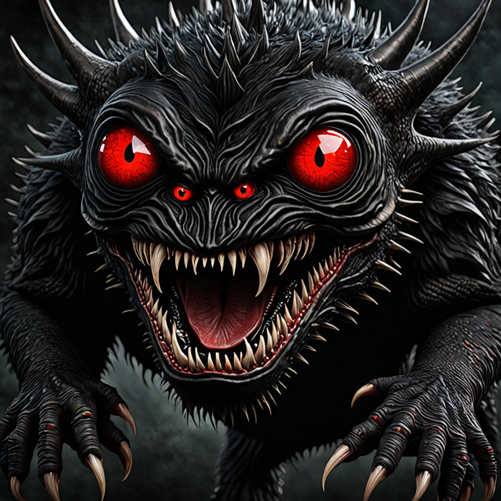 Black image of a black monster with red eyes.