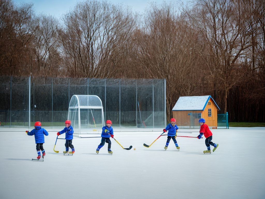 kids playing bandy in caged rink with wood roof in park during winter