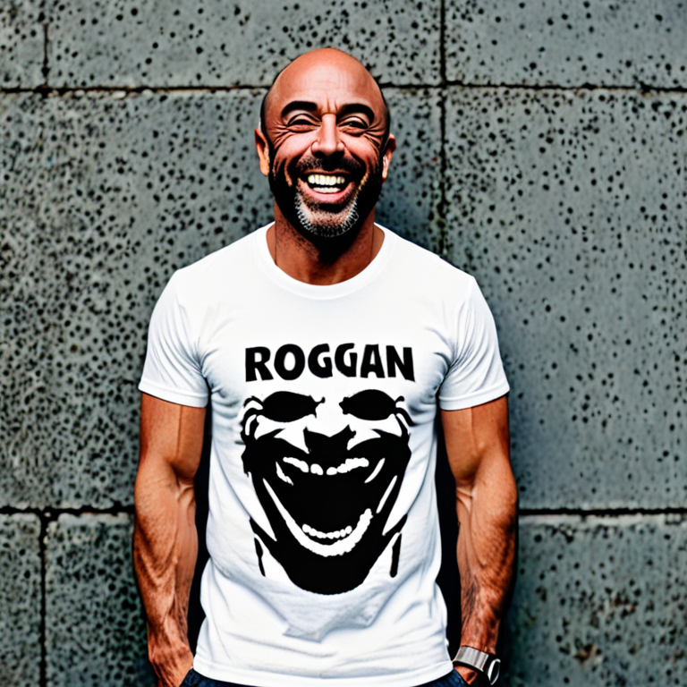 panoramic view of a T-shirt with Joe Rogan's iconic grin printed on it.