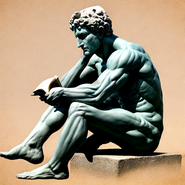 Greek statue man thinking with a book