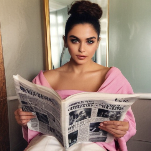 Deepika Padukone in bun hairstyle sitting on toilet seat reading newspaper