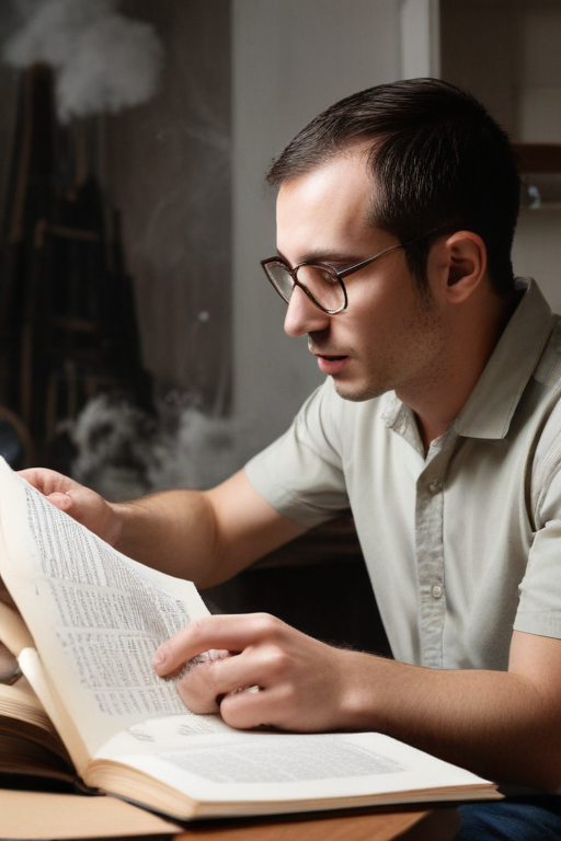 Man studying a book, atomic explosion in the background