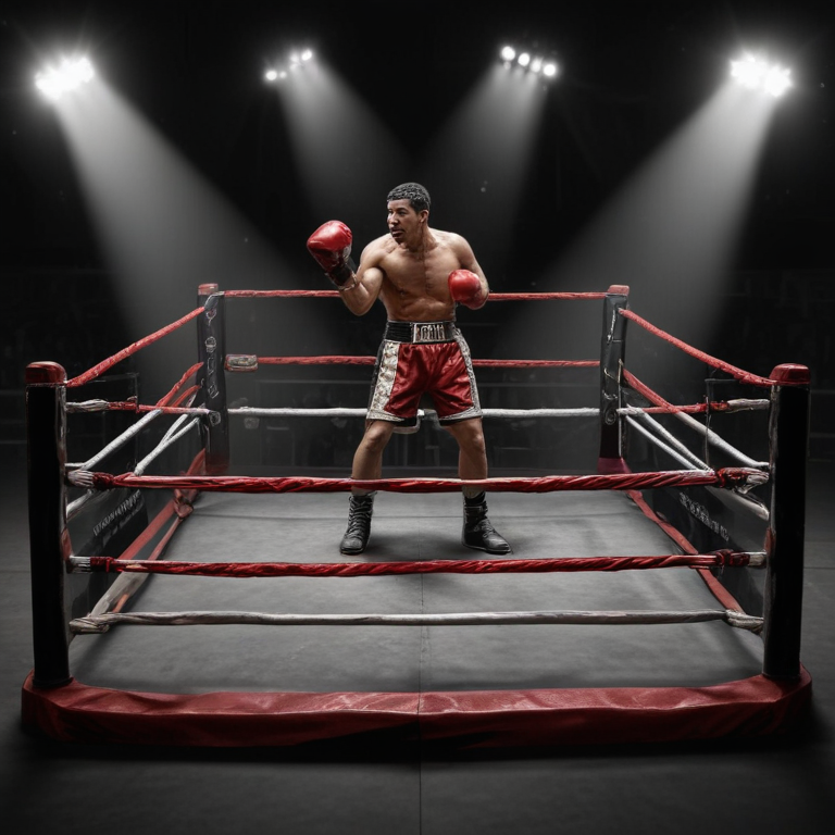 Intense Boxer Preparing for a Fight in a Dramatic Ring Setting