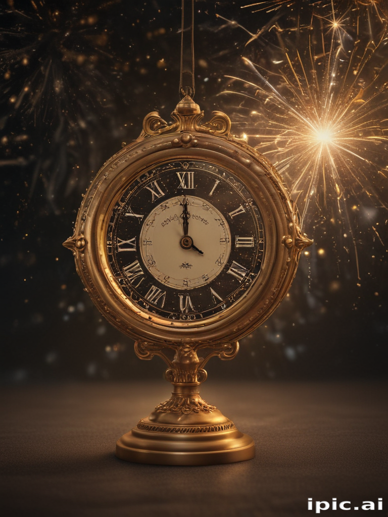 Elegant Antique Clock Surrounded by Sparkling Fireworks in a Dark Setting