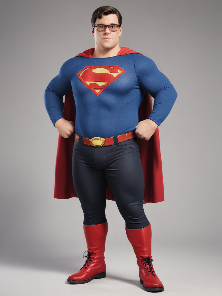 Realistic chubby high school nerd guy, realistic superman costume and ...