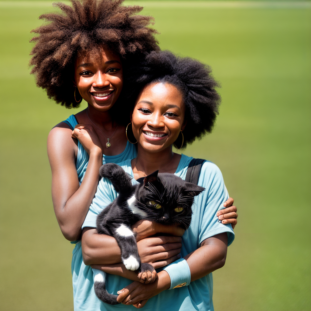 kawaii cat being held by a sweet black woman, afro hair