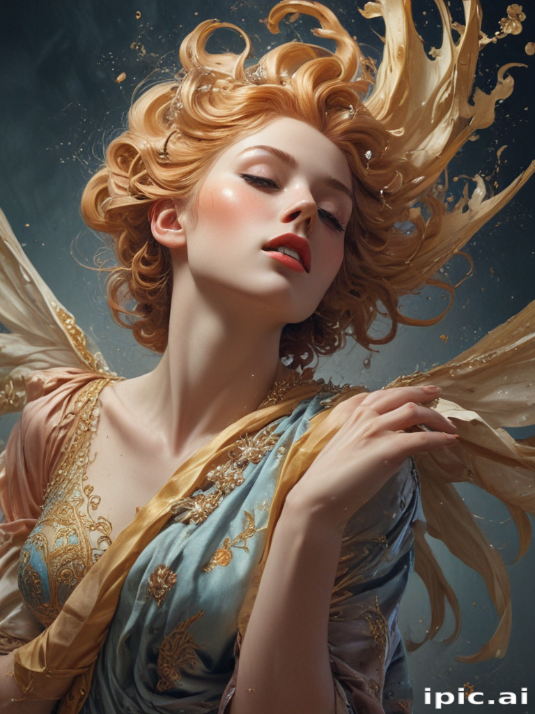 Enchanting Portrait of a Mystical Woman with Flowing Golden Hair and Wings