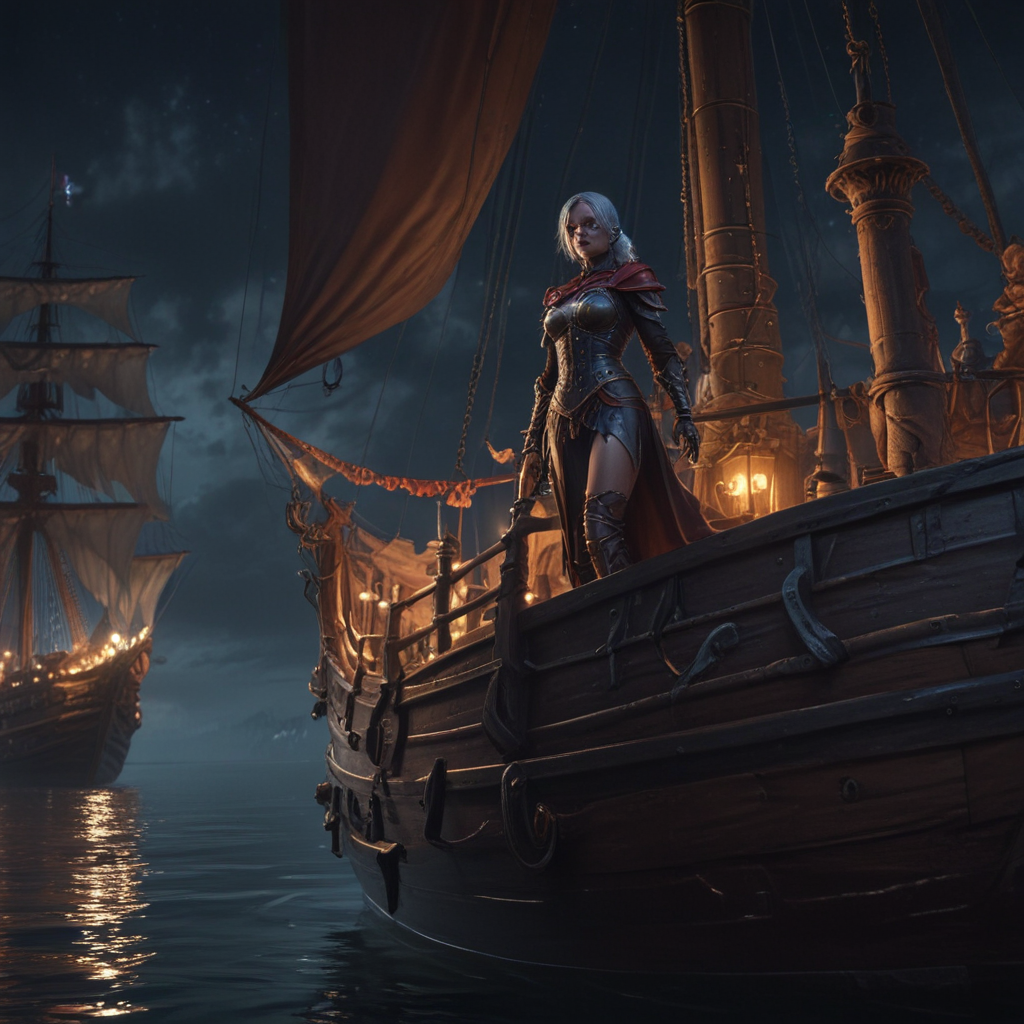 medievil woman, on big boat, at night, fantasy, dramatic lighting ...