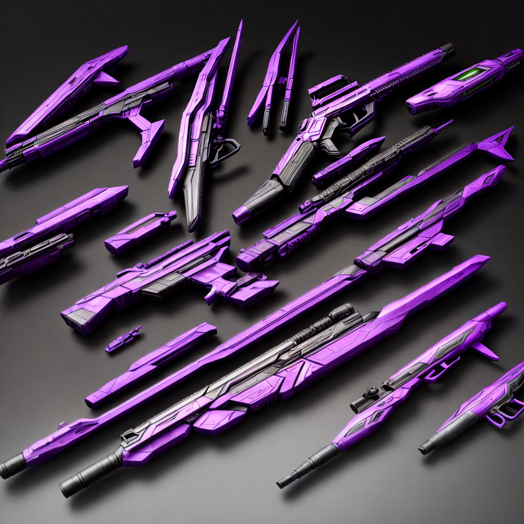 purple futuristic themed weapons displayed on a table
