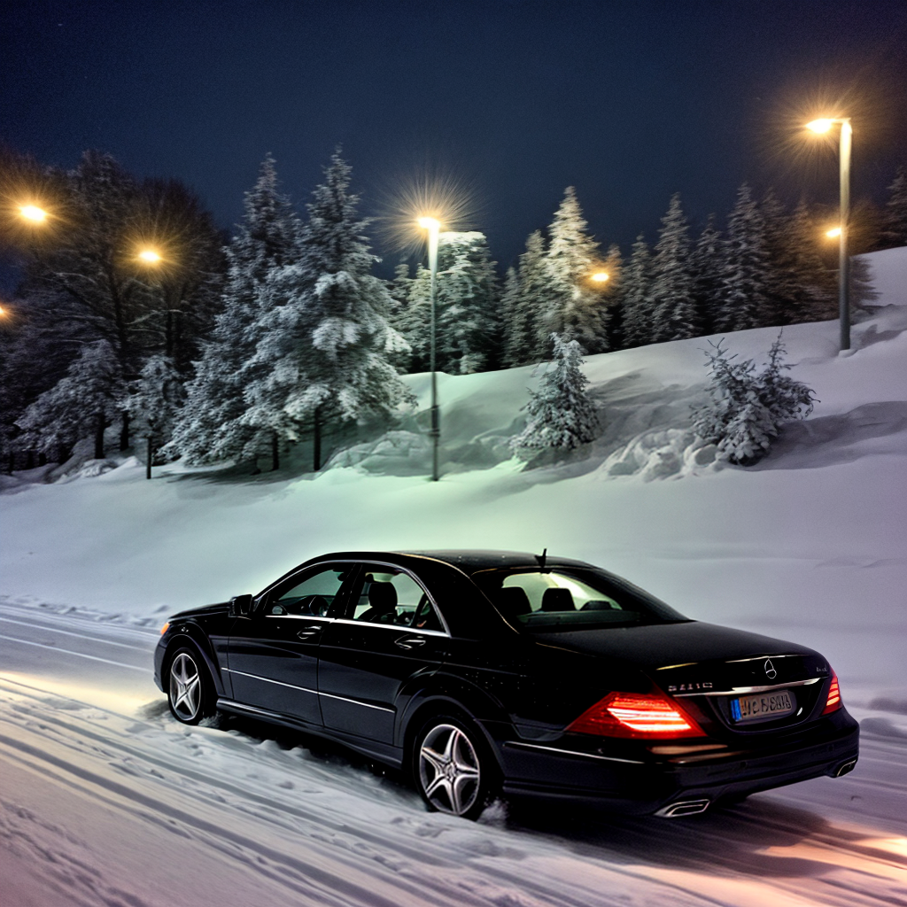 mercedes driving in the deep snow at night on the streets of vienna ...