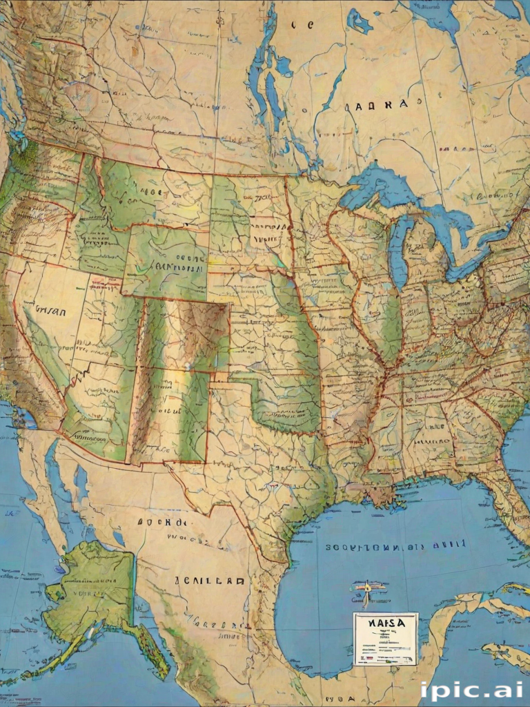 Vintage Map of the United States Highlighting Major States and Regions