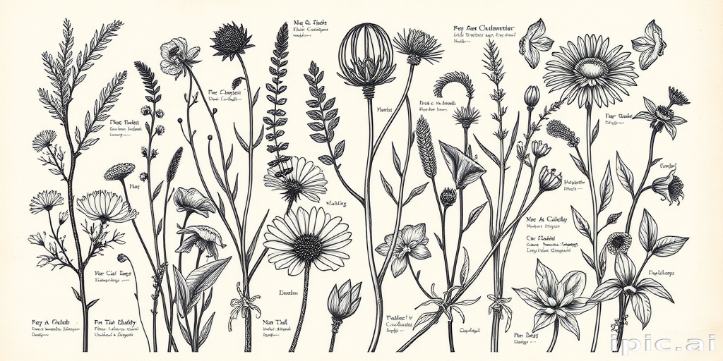 An Intricate Illustration Showcasing Various Plants and Their Names in ...