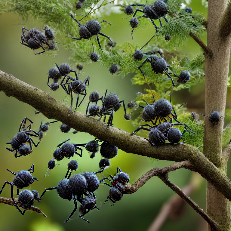 row of spiders crawling up a tree